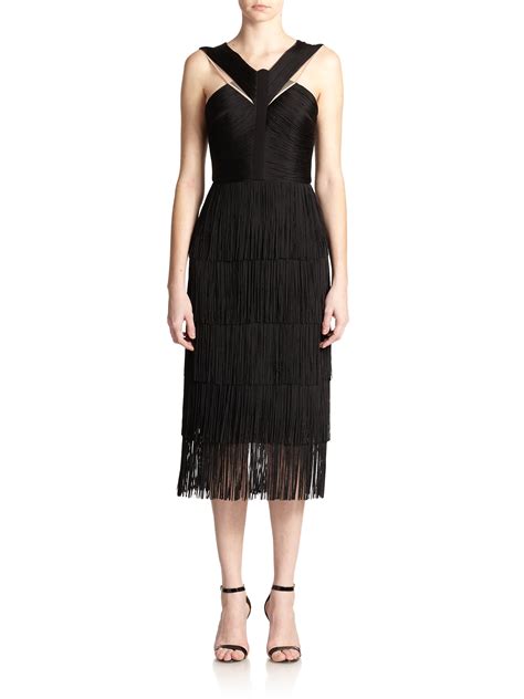 Lyst Bcbgmaxazria Fringed Halter Sheath Dress In Black
