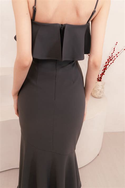 Honey Overlap Ruffle Hem Midi Dress In Slate Grey Mikayla