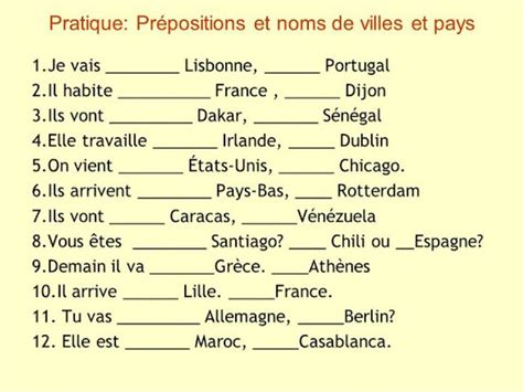 Prepositions Pour Les Pays Et Les Villes Worksheet