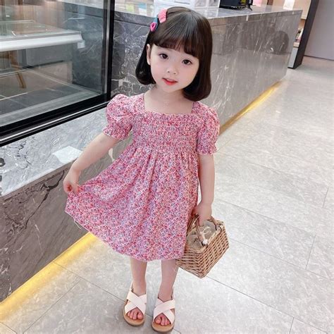 ชุดเดรสกระโปรง แขนพัฟ ผ้าชีฟอง ลายดอกไม้ ขนาดเล็ก แฟชั่นฤดูร้อน สําหรับเด็กผู้หญิง 2021