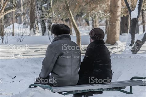 한 연금 수령자가 겨울에 스노우 파크의 회색 벤치에 앉아 있고 한 노인 여성이 모피 브라운 코트와 모피 브라운 모자를 쓰고