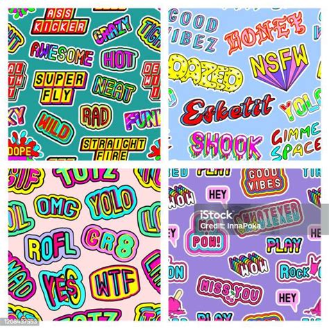 태그 패치와 4 원활한 패턴의 집합입니다 기발한 만화 스타일의 단어 8090 년대의 문구 다채로운 배경 벡터 배경 화면입니다 밈에 대한 스톡 벡터 아트 및 기타 이미지