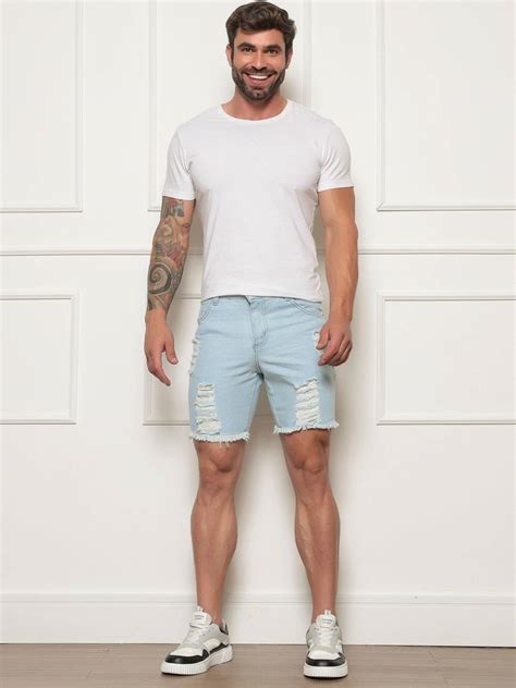 Bermuda Jeans Curta Delavê Rasgada Masculina Azul Claro Compre Agora