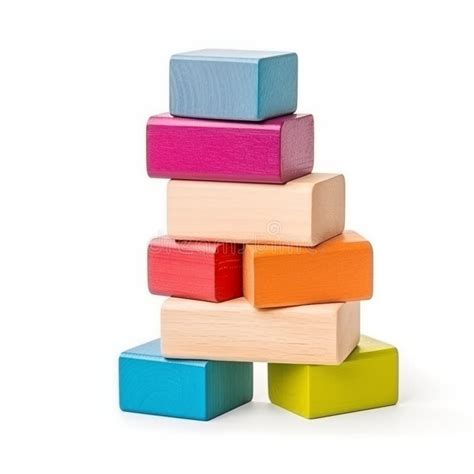 Bright And Colorful Rectangular Wooden Blocks Stacked In A Tower Shape On White Background Stock