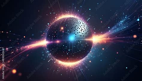 Abstract Tech Background With Digital Particles Explosion Quantum Core And Computing Network