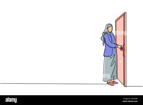 Single Continuous Line Drawing Arabian Businesswoman Inserts Key Into