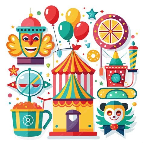 Colorful Carnival Icons With Circus Tent Ferris Wheel Clown Popcorn And
