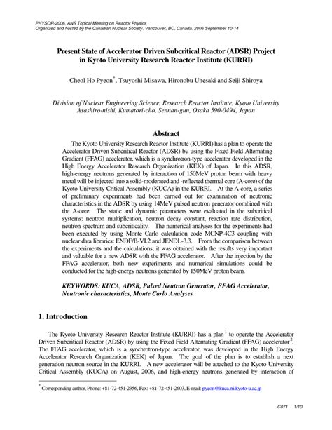 Pdf Present State Of Accelerator Driven Subcritical Reactor Adsr Project In Kyoto University