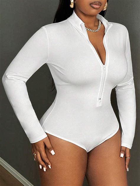 Shein Sxy Plus Size White Stand Collar Zipper Bodysuit Fall Clothes