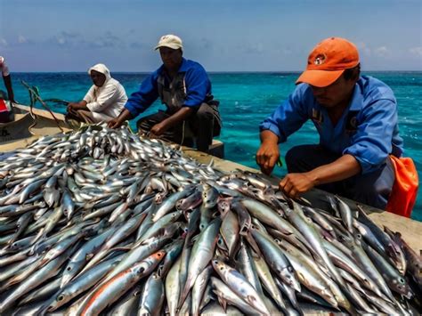 A Group Of Men Are Sorting Fish From A Boat Premium AI Generated Image