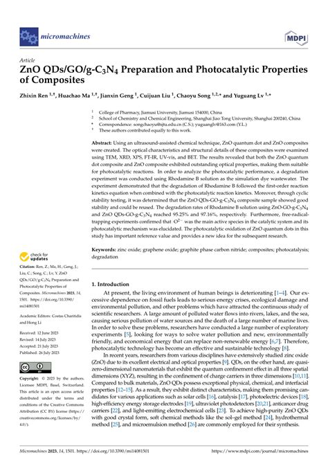 Pdf Zno Qdsgog C3n4 Preparation And Photocatalytic Properties Of