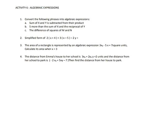 Activity Algebraic Expressions Convert Studyx