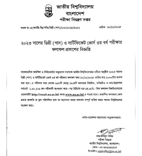 Nu Degree 3rd Year Result 2026 With Cgpa Published Results Bd