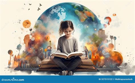 Watercolor Illustration Of The Young Girl Reading Book For World