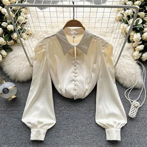 Puff Sleeve Satin Blouse Shirt Lady Fashion Week Dresses Summer