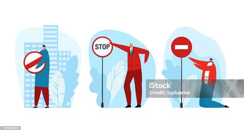 제한 정지 기호 벡터 일러스트레이션 남자 캐릭터는 제한된 기호 세트와 경고 판을 개최 자동차 트래픽에 대한 평면주의 개념에 대한