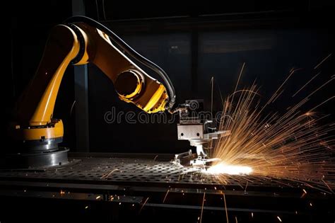 Precision Welding Robot With Its Arm In Motion Performing Intricate Weld On Metal Surface