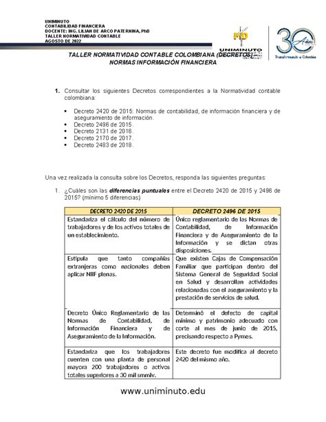 Taller 3 Normatividad Colombiana 2022 2 Contabilidad Financiera