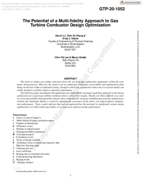 Pdf The Potential Of A Multi Fidelity Approach To Gas Turbine Combustor Design Optimization
