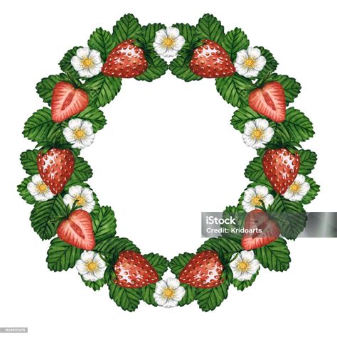 수채화 딸기 화환 잘 익은 육즙이 많은 열매 나뭇잎과 꽃이 있는 둥근 프레임 손으로 그린 수채화 그림 로고 배너 인사말 카드 초대장 또는 메뉴 디자인에 이상적인 템플릿입니다