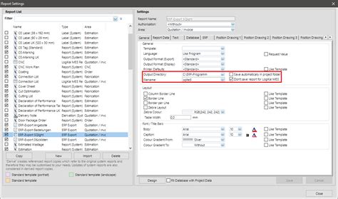 settings for a basic erp export with sqlite orgadata online help system