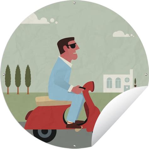 Tuincirkel Illustratie Van Een Man Op Een Rode Vespa 90x90 Cm Ronde