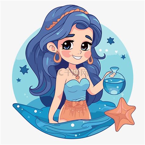 水瓶座剪贴画美人鱼女孩拿着瓶子和海边的星星卡通 向量素材图片免费下载 千库网