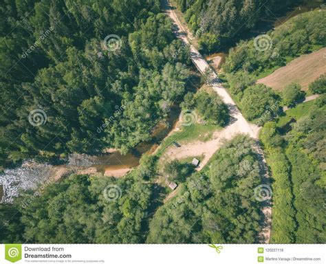 Drone Image Aerial View Of Rural Area With Forest Road Vintage Retro