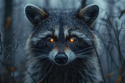 Raccoon With Glowing Eyes In The Forest Stock Illustration