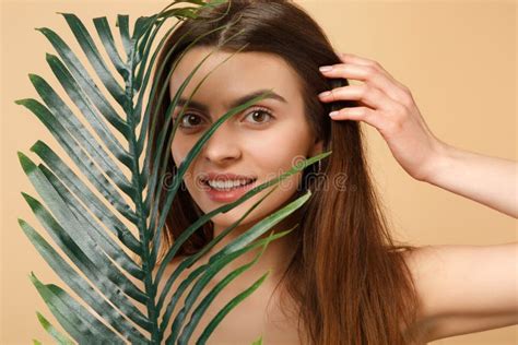 La Fin Vers Le Haut De La Moitié De La Femme Nue 20s De Brune Avec La Peau Parfaite Nue