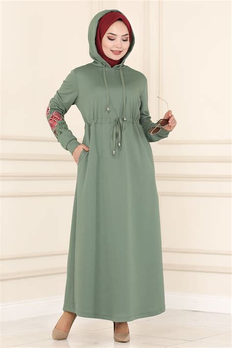 Nakış İşlemeli Tesettür Elbise Pl8037 Mint Moda Selvim Elbise Moda