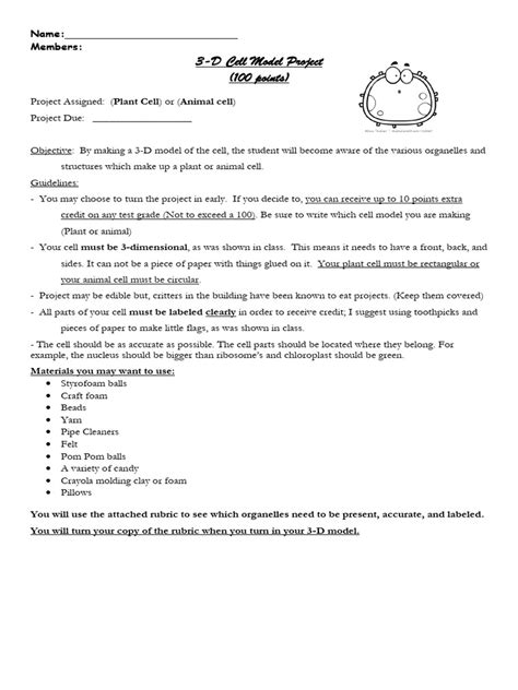 3d cell project and rubric pdf organelle cell biology