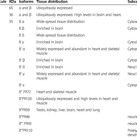 Tissue Distribution And Subcellular Localization Of Pp2a Subunits