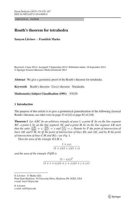 Pdf Rouths Theorem For Tetrahedra