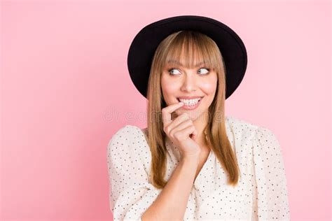 Photo Of Tricky Coquette Lady Bite Finger Look Empty Space Wear Vintage