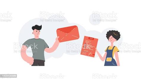 한 남자와 한 여자가 허리 깊숙이 서서 봉투와 세금 서류를 손에 쥐고 있습니다 세금 보고서 작성 프레젠테이션을 위한 요소