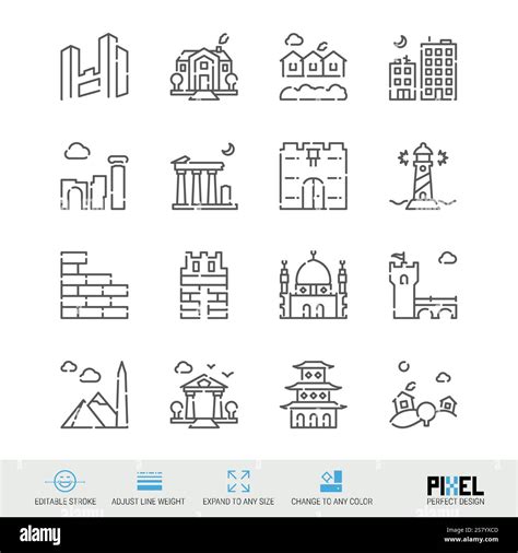 Modern And Ancient Architecture Buildings Related Vector Line Icon Set