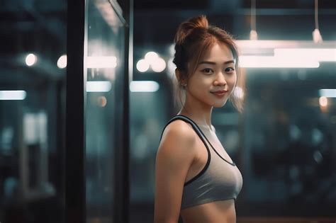Premium Photo Woman In A Grey Sports Bra Stands In A Gym And Smiles