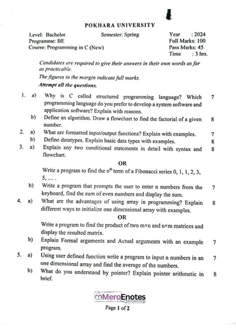 Pu Be Civil Programming In C Question Paper 1st Semester Mero Enotes