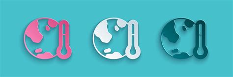 종이는 푸른 배경에 고립 된 지구 온난화 아이콘에 녹는 행성 지구를 잘라 생태 학적 문제 및 솔루션 온도계 종이 아트 스타일 벡터 3차원 형태에 대한 스톡 벡터 아트 및