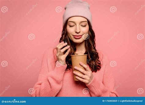 Girl Enjoying Flavor Of Coffee While Stock Image Image Of Simple