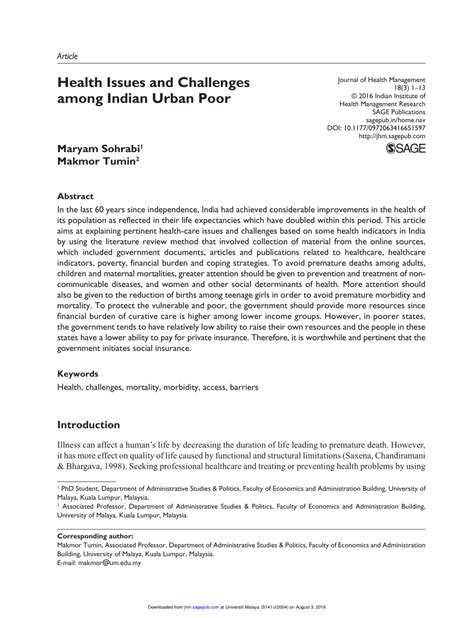Pdf Health Issues And Challenges Among Indian Urban Poor