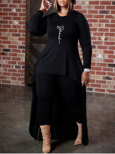 Lw Plus Size Letter Print Asymmetrical Pants Set Fashion Women Two