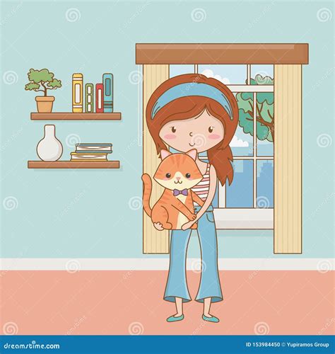 Girl With Cat Cartoon Design Stock Vector Illustration Of Character