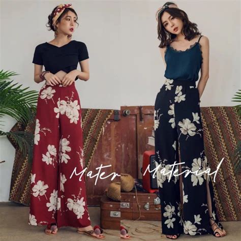กางเกงขายาวเอวสูง ทรงขาบาน เนื้อผ้าชีฟองพิมพ์ลายดอก Shopee Thailand