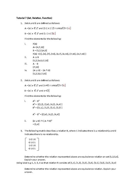 tutorial 7 answer tutorial 7 set relation function 1 set a and b