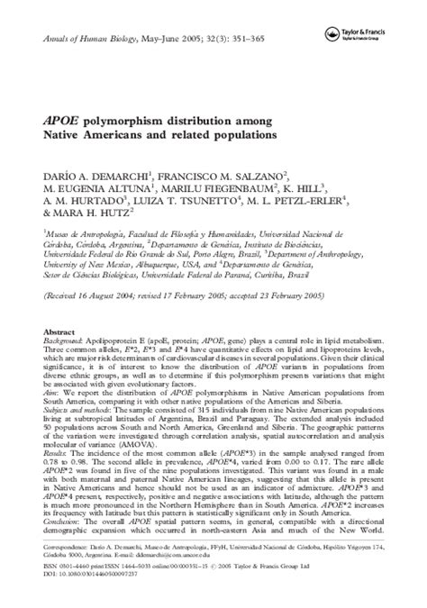 Pdf Apoe Polymorphism Distribution Among Native Americans And Related
