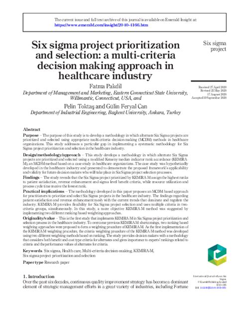 Pdf Six Sigma Project Prioritization And Selection A Multi Criteria Decision Making Approach