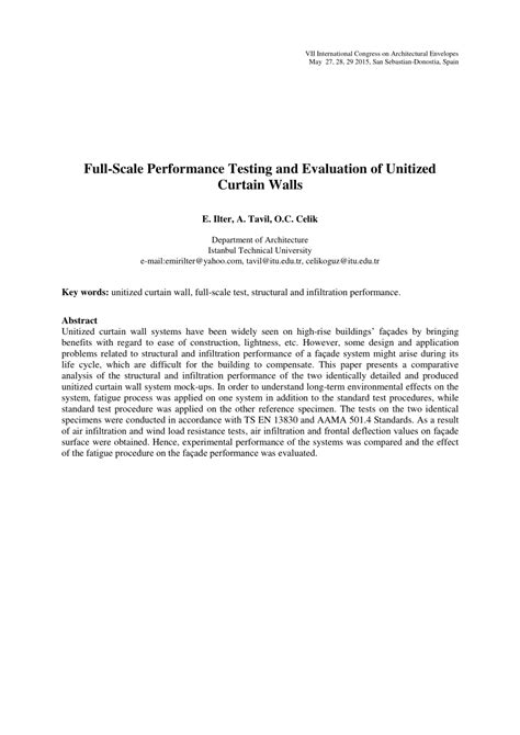 Pdf Full Scale Performance Testing And Evaluation Of Unitized Curtain Walls