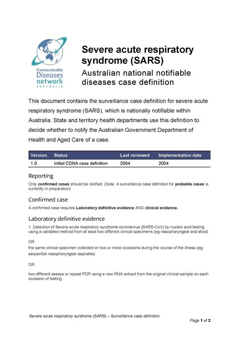 Severe Acute Respiratory Syndrome Sars Surveillance Case Definition